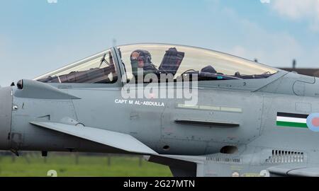 Pilot of a RAF Eurofighter Typhoon fighter jet plane wearing a special ...