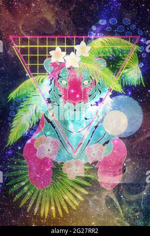 Abstract tiger with geometric elements, tropical plants, starry space ...