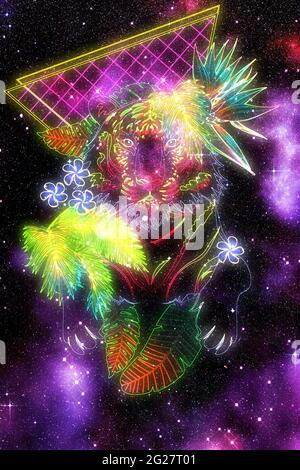 Abstract tiger with geometric elements, tropical plants, starry space ...