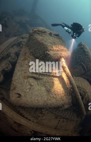Diver exploring the SS Empire Heritage shipwreck Stock Photo - Alamy