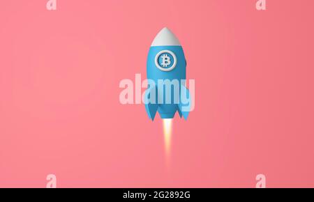 Bitcoin cryptocurrency rocket taking off to 65,000 price point. 3D ...