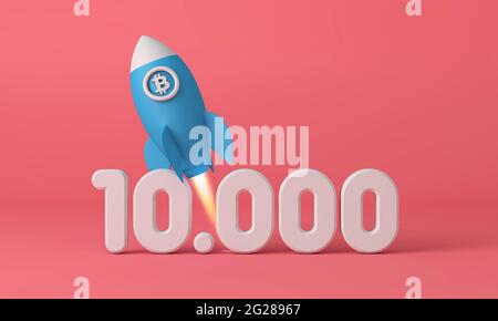 Bitcoin cryptocurrency rocket taking off to 65,000 price point. 3D ...
