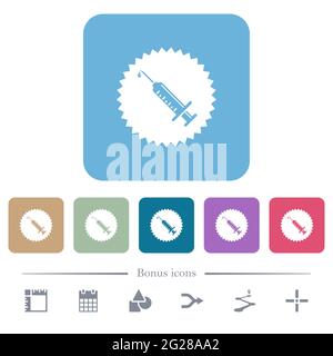 Certified vaccine white flat icons on color rounded square backgrounds ...