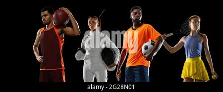 Different young men, football players in motion with ball during game ...