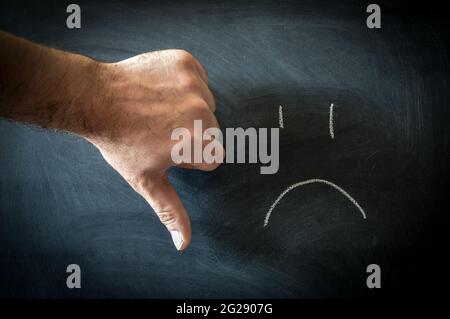 Sad smiley face drawn with a finger on the wet, misted glass from the ...