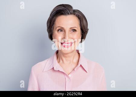 Photo of adorable thoughtful girl dressed purple pullover looking up ...
