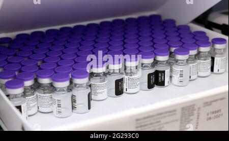 Vials of Pfizer/ BioNTech Covid-19 vaccine at a vaccination centre in ...