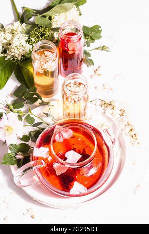 Assortment flowers tea. Fresh elderberry, rose hip, and acacia. Healthy ...