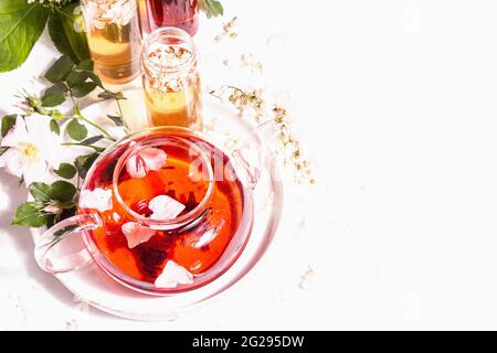 Assortment flowers tea. Fresh elderberry, rose hip, and acacia. Healthy ...