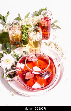 Assortment flowers tea. Fresh elderberry, rose hip, and acacia. Healthy ...