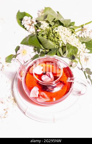 Assortment flowers tea. Fresh elderberry, rose hip, and acacia. Healthy ...