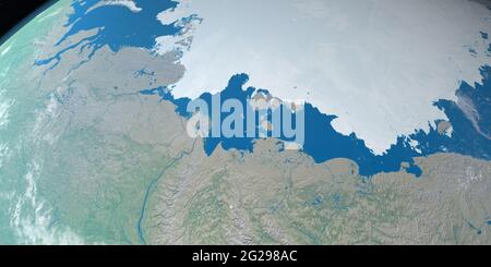 Satellite view of Siberia, Russia (with country boundaries). This image ...