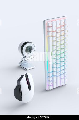 Top view gamer gears like mouse, keyboard, joystick, headphones and VR ...