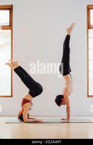 couple making a balance position in a yoga session in training room ...