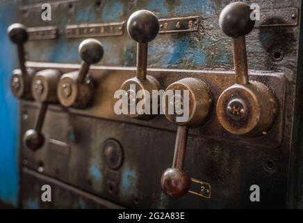 gearbox levers on a historic lathe Stock Photo - Alamy