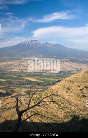 cultivated land and majestic of volcano Etna snow covered, Sicily Stock ...