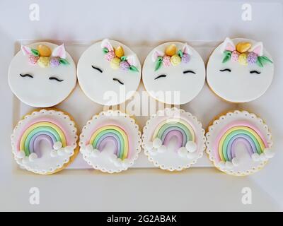 Top view of Unicorn biscuits and rainbow biscuits Stock Photo Alamy