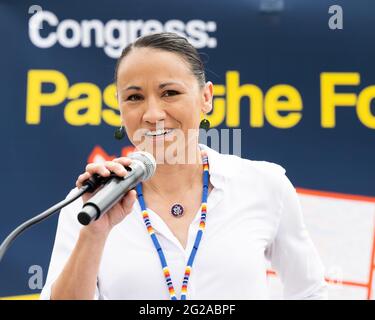U.S. Representative Sharice Davids (D-KS) speaks during a rally at the ...
