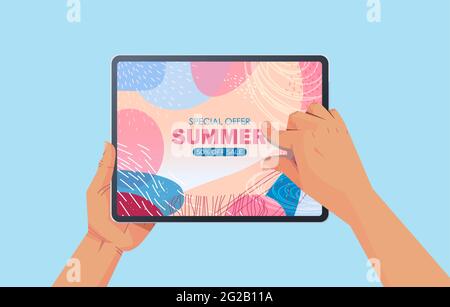 human hands using tablet pc with summer sale banner flyer or greeting ...