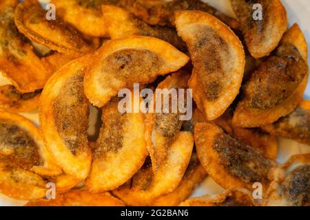 Golden pan-fried Chinese dumplings Jiaozi with premium sea cucumber and ...