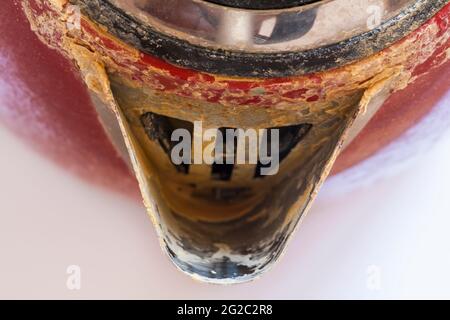 limescale build up on outside of kettle in hard water area close up ...