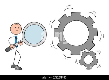 Stickman businessman holding magnifying glass and examining. Hand drawn ...