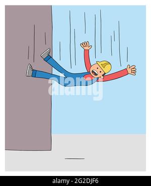 Cartoon worker falls from height, vector illustration. Black outlined ...
