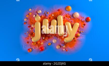Soft orange plump word JULY surrounded by orange spheres over bright ...