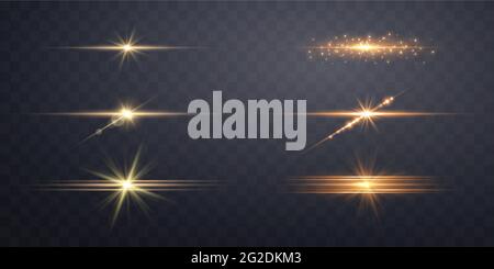 Gold horizontal lens flares set. Isolated on black background. Sun ...