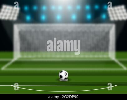 Soccer ball in front of goal post. Football ball against sport stadium ...