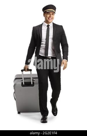 businessman in suit and pilot hat launch plane toy on sky background ...