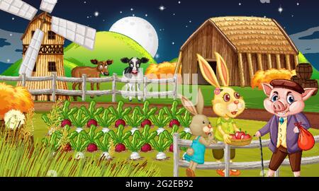 Farm at night scene with rabbit family and farm animals illustration ...