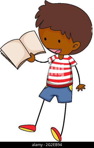 A doodle kid reading a book cartoon character isolated illustration ...