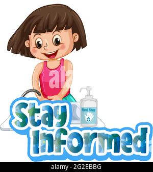 Stay Informed font in cartoon style with agirl wearing medical mask ...