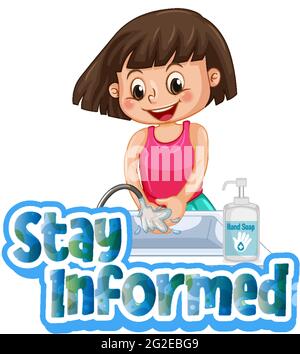 Stay Informed font in cartoon style with agirl wearing medical mask ...