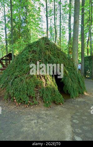 A tent made of spruce branches in close-up Stock Photo - Alamy