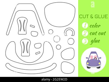 Color, cut and glue paper violet car. Cut and paste craft activity page ...