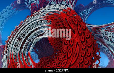 Huge Fractal geometric background of concentric rings over a red, white ...