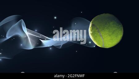 Composition of tennis ball on black background with light trails Stock ...