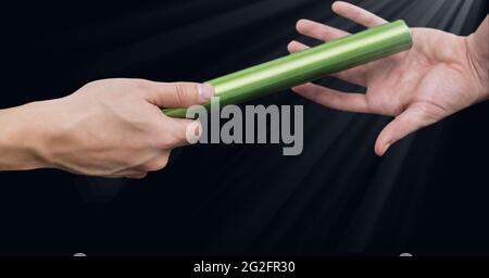 Composition of caucasian athletes passing green relay baton isolated on ...