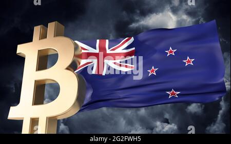 Gold bitcoin cryptocurrency with a waving New Zealand flag. 3D ...
