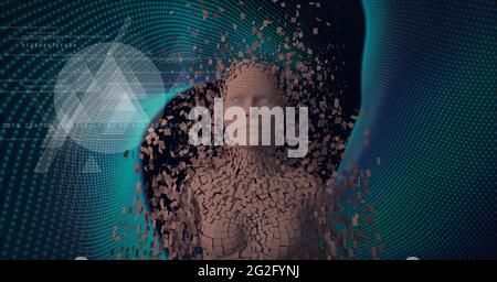 Composition of exploding human body formed with particles and eye test ...
