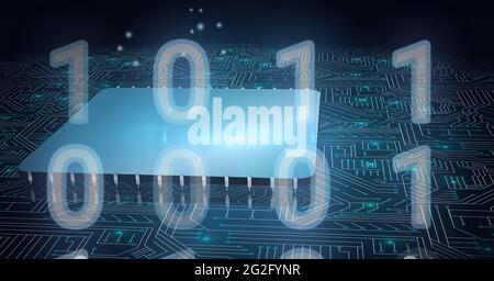 Composition of binary coding over computer circuit board Stock Photo ...