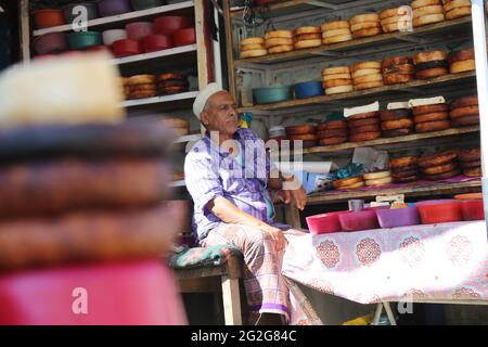 Taiz / Yemen - 16 Mar 2017 : A Yemeni man sells cheese in the popular ...