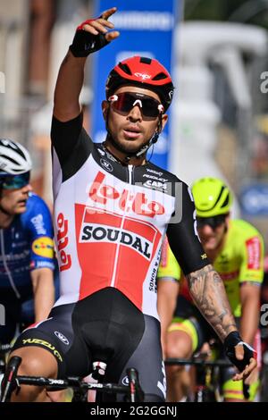 Australian Caleb Ewan of Lotto Soudal celebrates on the podium after ...