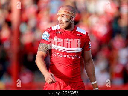 Hull Kingston Rovers' Dean Hadley (right) tackled by Castleford Tigers ...