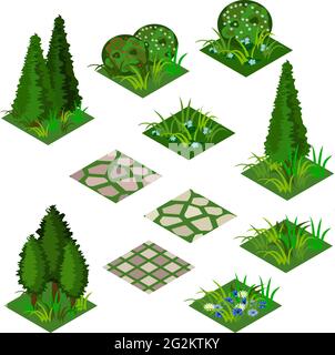 Garden or farm isometric tile set. Isolated isometric tiles with grass ...