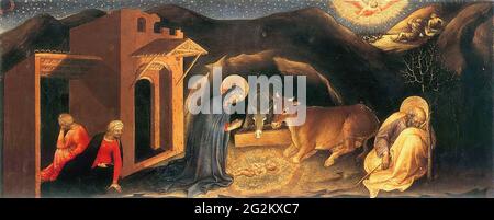 Gentile da Fabriano, Adoration of the Magi,Pala Strozzi, three magi presenting gifts to Christ ...