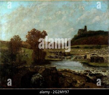 'Landscape, with the Chatel St Denis, Scey-en-Varais' (1873) by Gustave Courbet depicts a ...