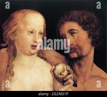 This painting, *Adam and Eve*, by Hans Holbein the Younger, depicts the ...